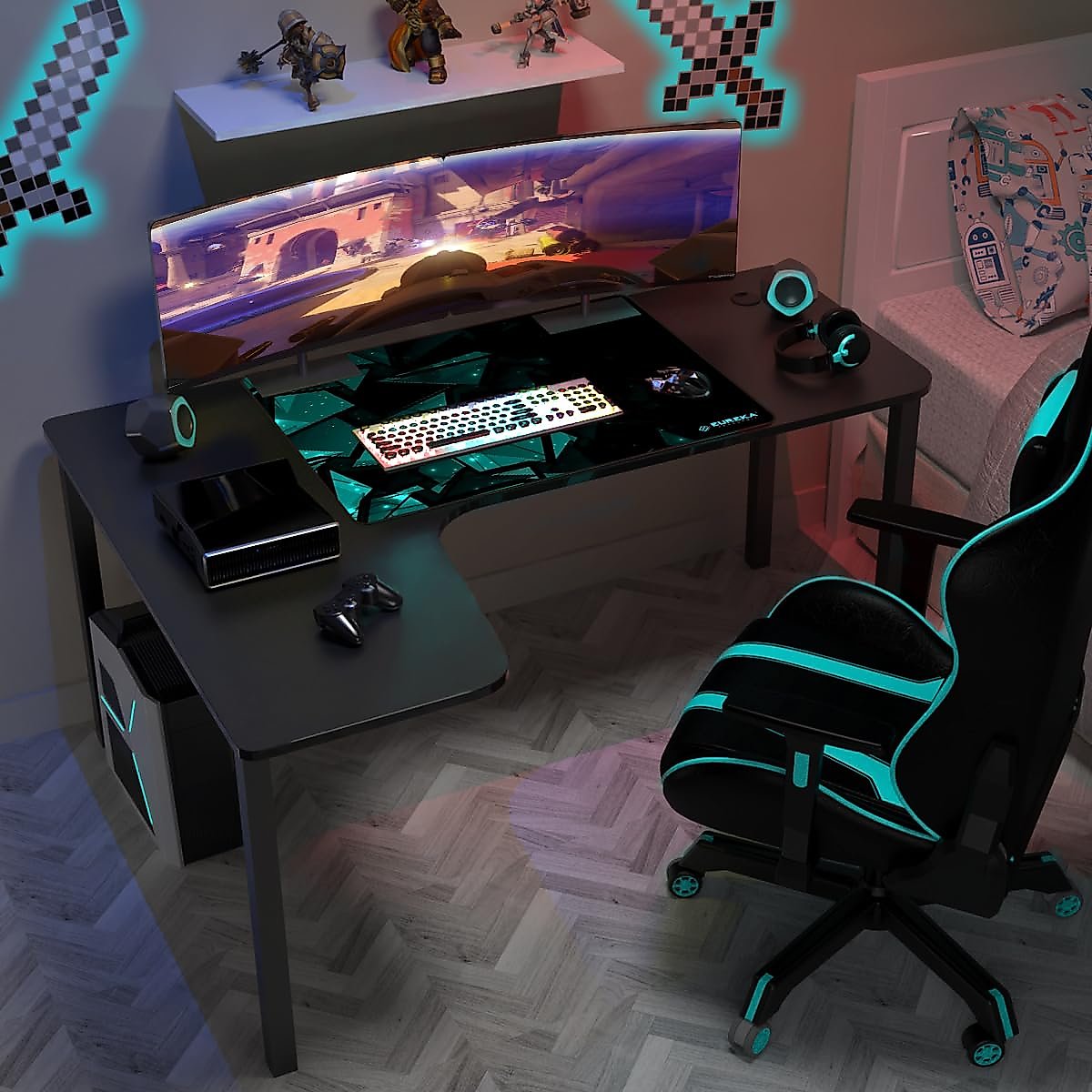 DESIGNA Gaming Desk 60",L-Shaped Computer Corner Desk with Large Mouse Pad,Ergonomic Gamer Table Workstation, Sturdy Metal Frame, Left Side Rustic Brown