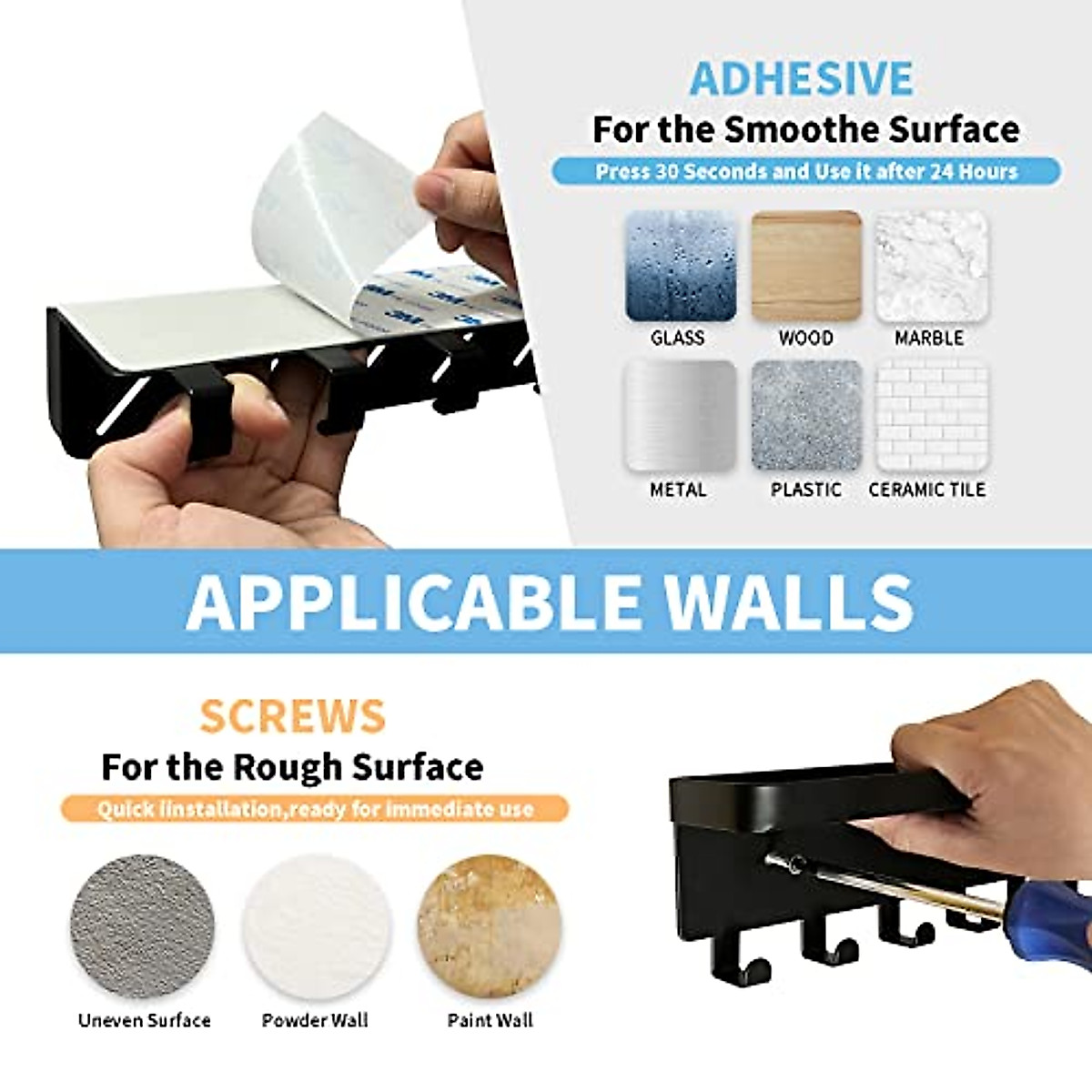 GTK Key Holder with Tray and 6 Hooks for Hallway, Key Rack with Shelf for Mail Storage (Black)