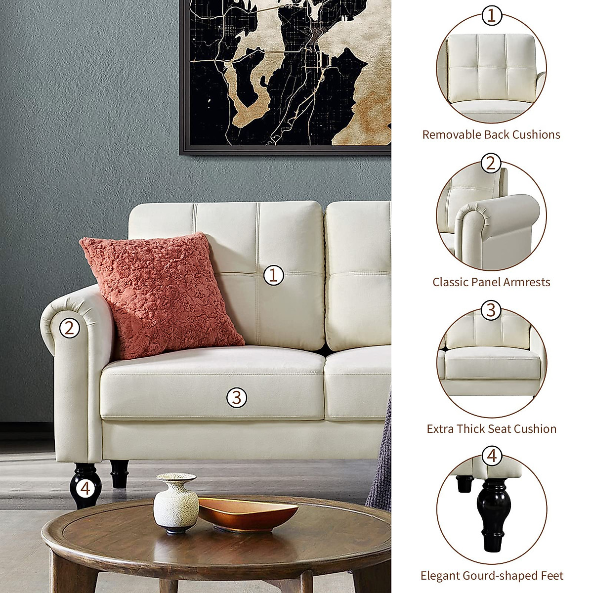 Husbedom 60.6 Inches Loveseat Sofa, Velvet Small Couches for Small Spaces, Comfy Couch for Living Room, Bedroom, Apartment, Studio, Cream Beige Couch