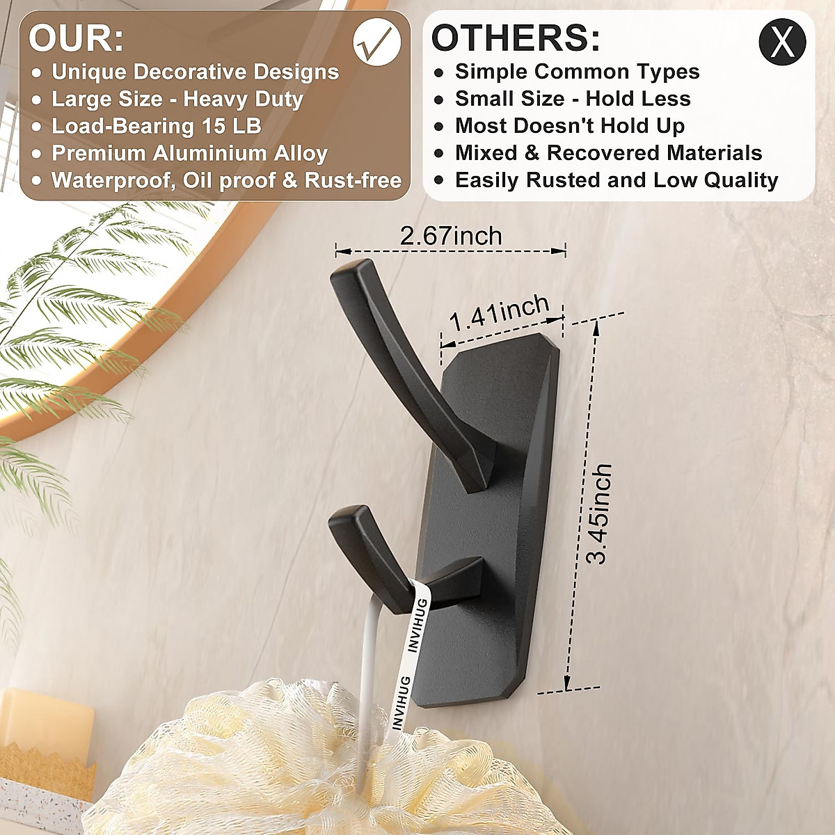 INVIHUG, Large Size Modern Adhesive Wall Hooks, Heavy Duty RV Hooks for Hanging Jacket, Coat, Towel, Robe, Loofah in Bathroom, Kitchen, Rv and Office Wall Mount (2 Packs, Black)