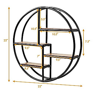 Tangkula Round Wall Shelf, Wall-Mounted Circular Shelf, Wood & Iron Wall Hanging Shelves, 4-Tier Circle Shelf Wall Decor for Home Office, Circular Floating Shelves (1, Black)
