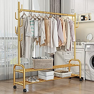 Thick forest Gold Clothes Rack Gold Clothing Rack Gold Garment Rack Rolling Organizer with Wheels Bottom Shelves Double Tiers for Multipurpose (Gold)