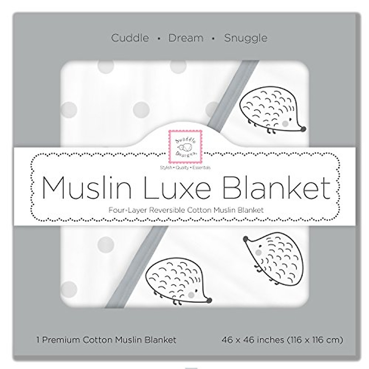 SwaddleDesigns 4-Layer Cotton Muslin Luxe Blanket, Baby and Toddler Cuddle and Dream, 46x46 inches, Black Hedgehogs and Dots