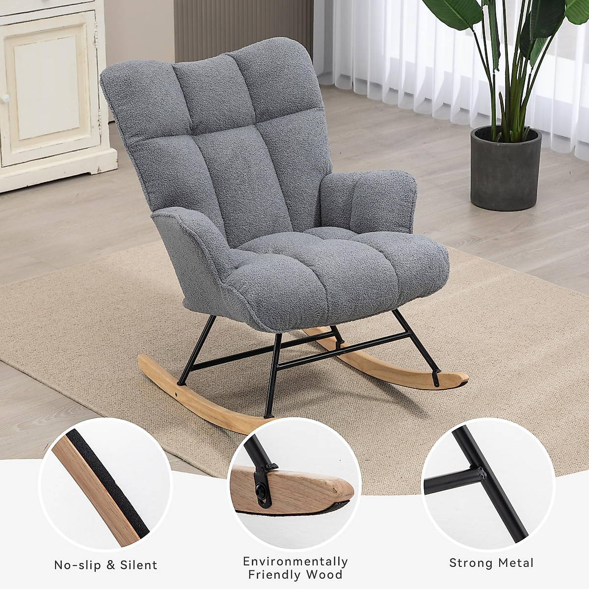 Rocking Chair Nursery Teddy, Upholstered Baby Fluffy Glider Rocker for Adults Indoor, Comfy Sherpa Compact Nursing Chairs for Small Spaces, Living Room, Classroom, Bedroom, Darkgrey