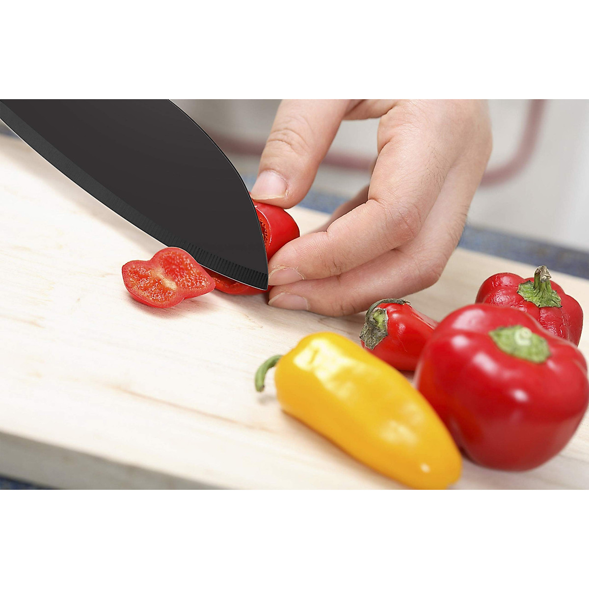 elabo 5 Piece Black Kitchen Knife Set with Stand - Stainless Steel Non-Stick Coating Knives, Rose Gold Handle