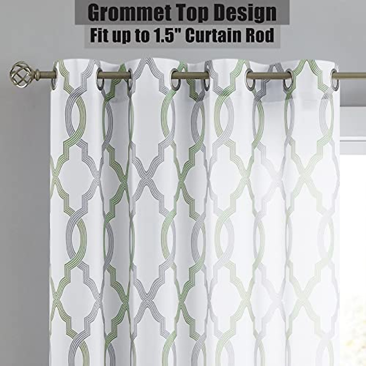 Geometric Semi Sheer Window Curtain Panel Pairs with Moroccan Grey and Green Trellis Print Canvas Fabric for Kids Room Grommet Top Long Window Drapes for Living Room Bedroom, 54×95 Inch, Grey/ Green