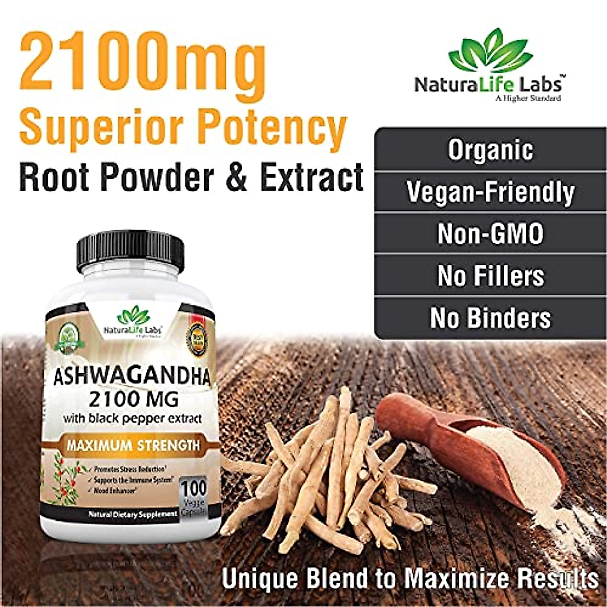 Organic Ashwagandha 2,100 mg - 100 Vegan Capsules Pure Organic Ashwagandha Powder and Root Extract - Stress Relief, Mood Enhancer, Immune & Thyroid Support
