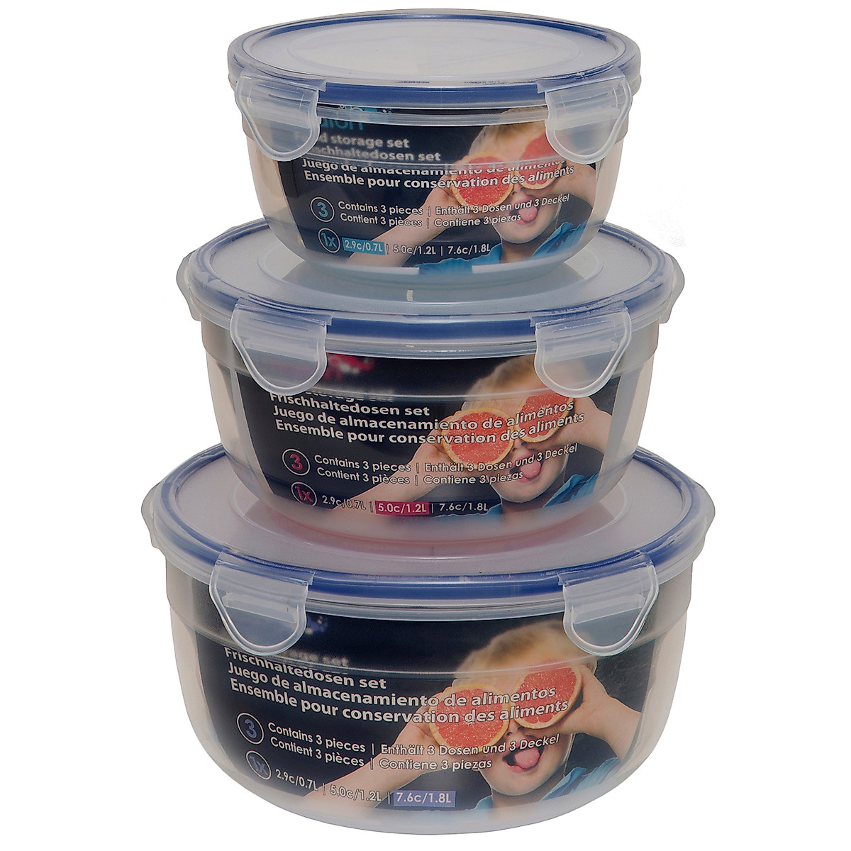 Maturi 3-Piece Plastic Airtight Round Food Storage Container Set, multiple sizes, Clear