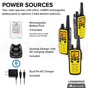 Midland 36 Channel FRS Two-Way Radio - Long Range Walkie Talkie, 121 Privacy Codes, NOAA Weather Scan + Alert (Yellow/Black, 3-Pack)