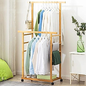 REROM Free Standing Coat Rack On Wheels,Bamboo Clothes Rails Garment Rails For Dress Pants Shoes Hats Easy Assembly Bedroom Floor Standing Garment Rack (Color : Log color, Size : 60cm)