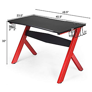 Tangkula Computer Desk Gaming Desk, Ergonomic Gamer Workstation with Cup & Headphone Holder and Mouse Pad, Gamer Desk with Carbon Fiber Surface and R-Shape Steel Frame (Black & Red)