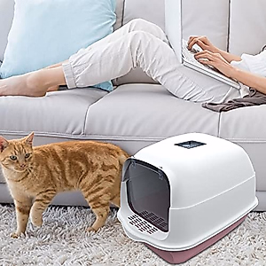 Gralara Large Cat Litter Box with Lid Enclosed Waterproof Easy to Clean Anti Splashing Litter Tray Reusable with Door Toilet Pet Supplies Cat Toilet, Pink Bottom