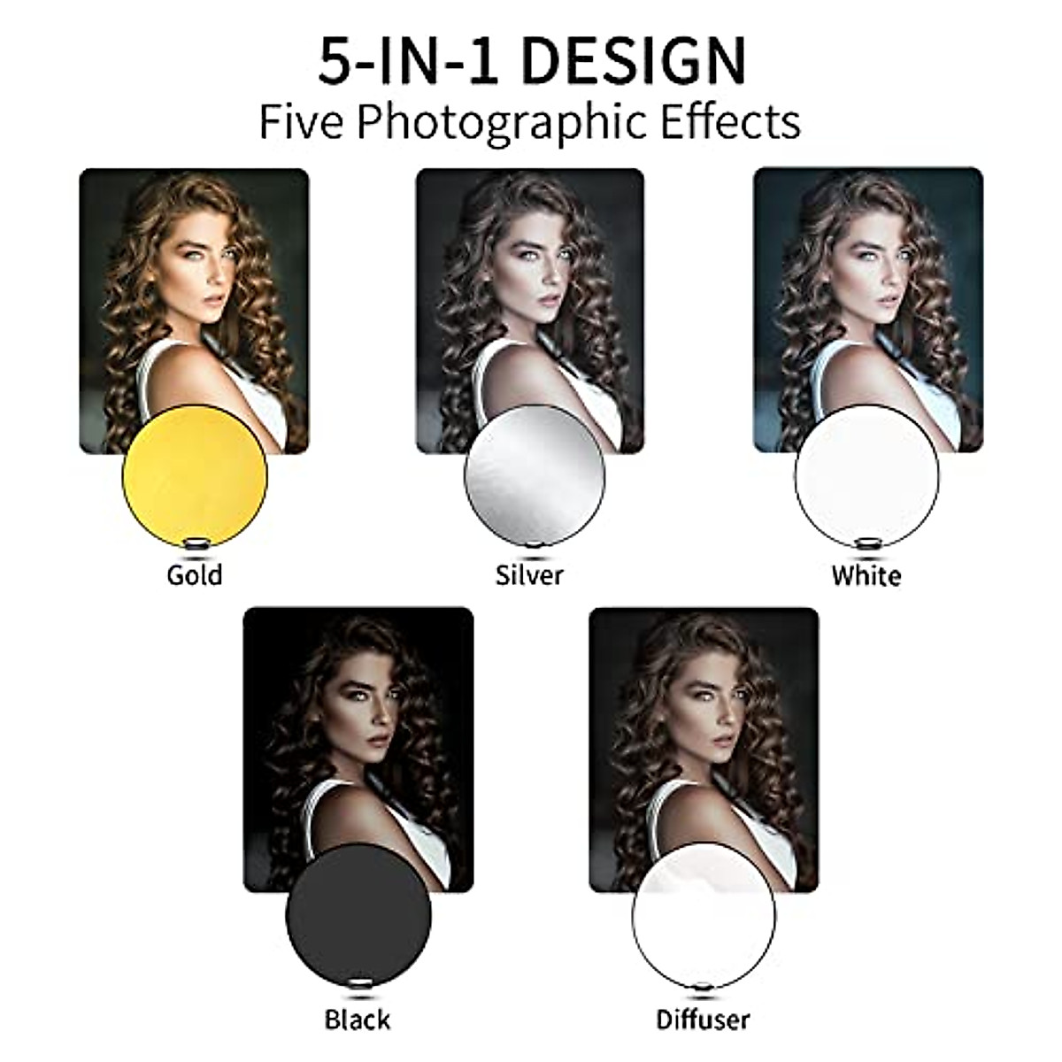 Selens 43 Inch (110cm) Photography Reflector, Collapsible Light Reflector with Carrying Case, 5 in 1 Reflector for Photography Photo Studio Lighting -Translucent, Silver, Gold, White and Black