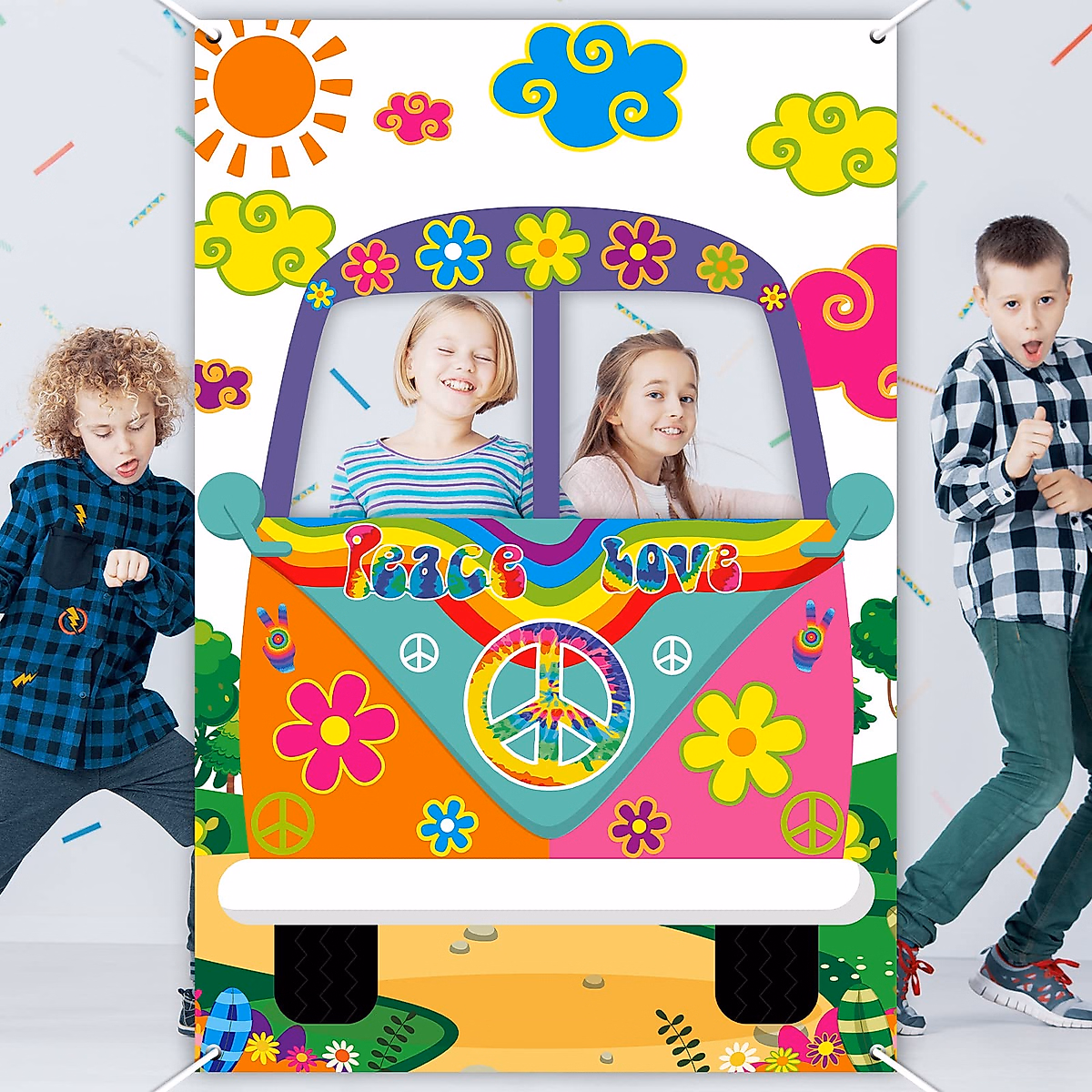 60's Hippie Bus Photo Prop 60s Party Decorations Large Fabric Retro Groovy Van Prop Hippie Selfie Frame Backdrop Background Banner Birthday Party Supplies Retro 60s 70s Party Favors 59 x 39.4 Inch