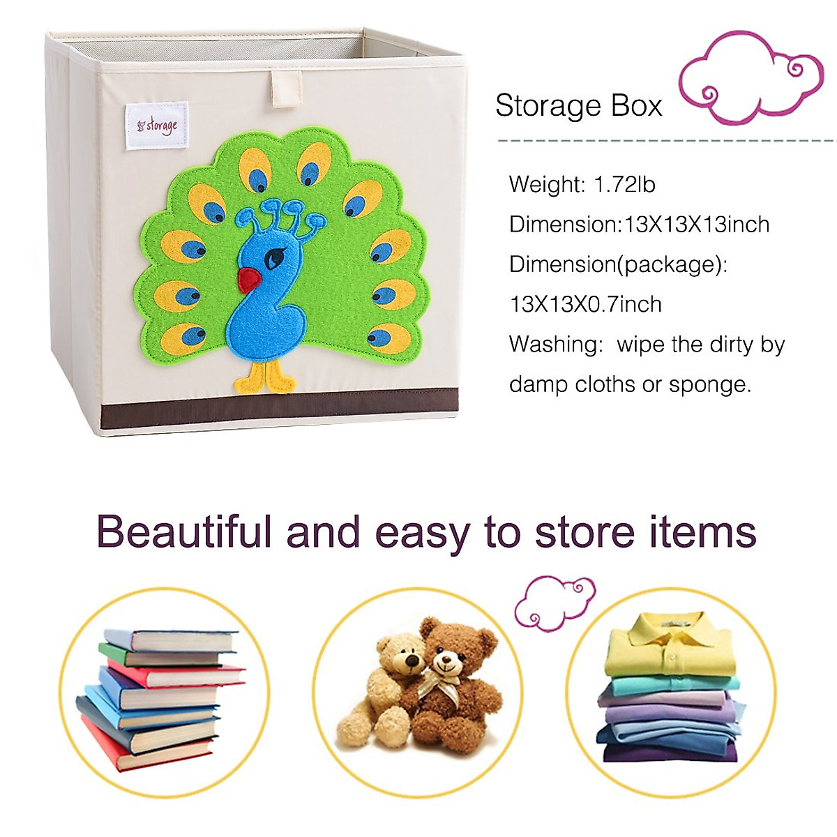 DODYMPS Foldable Animal Canvas Storage Toy Box/Bin/Cube/Chest/Basket/Organizer For Kids, 13 inch (Peacock)