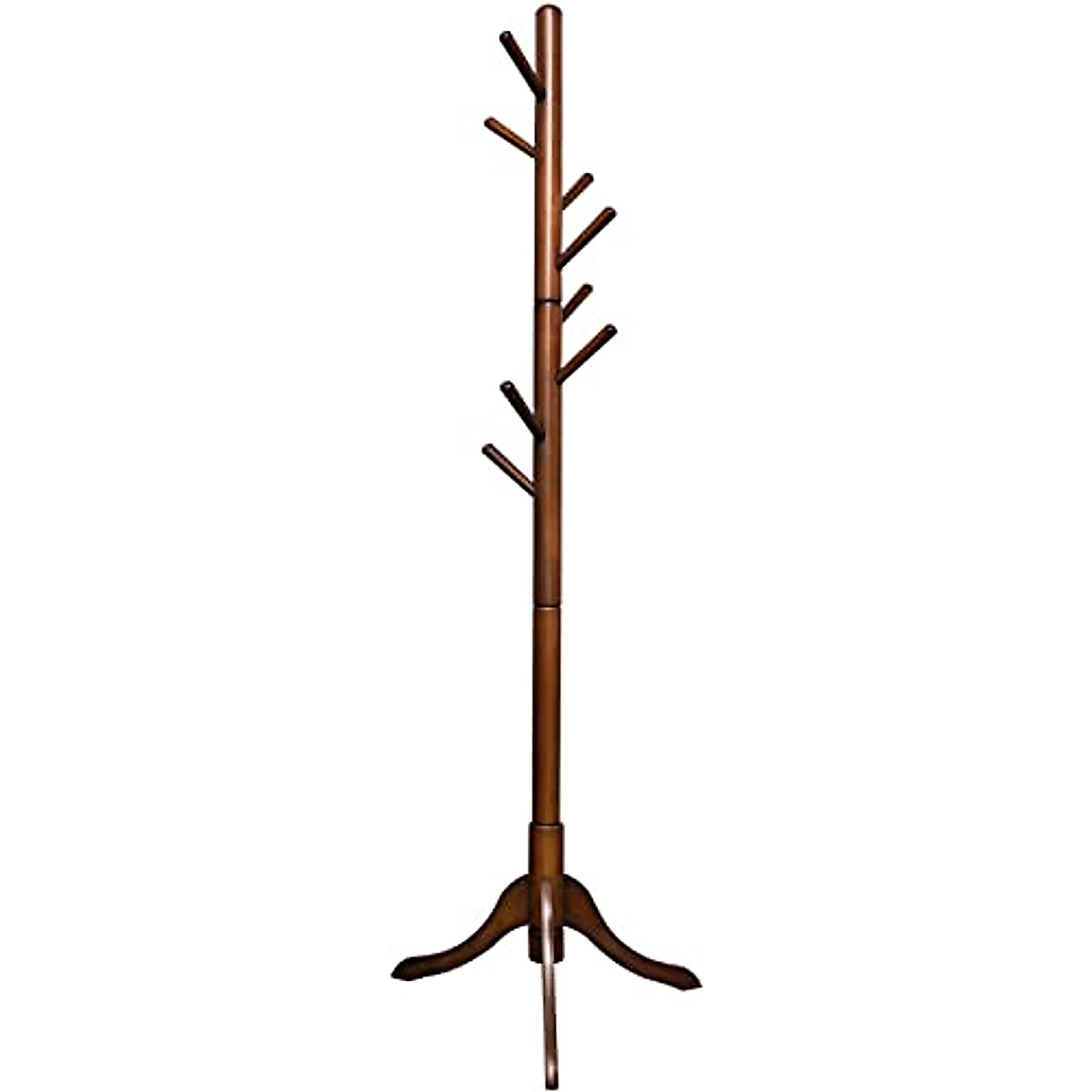 TinyTimes Wooden Coat Rack Free Standing, Sturdy Rustic Hall Tree Coat Tree Coat Hanger with 8 Hooks, for Coat, Hat, Clothes, Scarves, Handbags, Umbrella (Dark Brown)