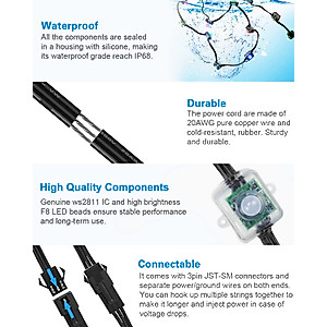 ALITOVE 12V WS2811 LED Pixels Addressable RGB Outdoor String Lights 50pcs 12mm Diffused Digital Dream Color Programmable LED Square Module Lights Waterproof IP68 for LED Screen Billboard Holiday