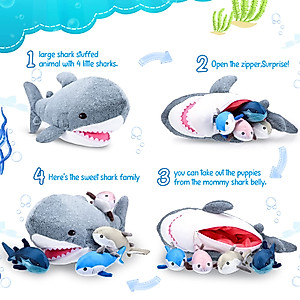 Kasyat 18 Inch Plush Shark Stuffed Animal with 4 Different Breeds of Little Sharks, Zippered Stuffed Shark Plush Toy, Large Stuffed Animals for Little Teens