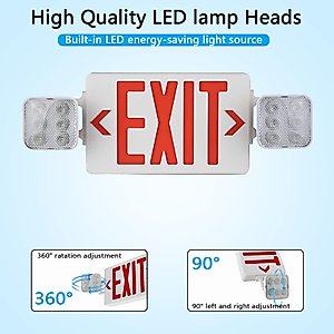 Exit Signs with Emergency Lights, Red LED Two Adjustable Head Emergency Exit Light with Backup Battery, AC 120V/277V, ABS Fire Resistant, UL Listed (2Pack)