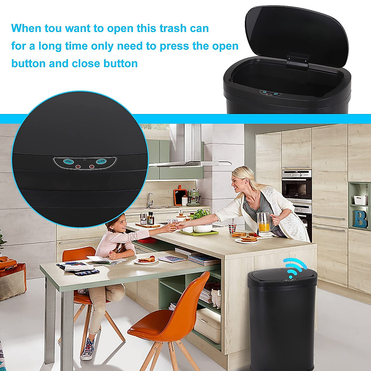 13 Gallon Touch Free Automatic Stainless Steel Trash Can Garbage Can Metal Trash Bin with Lid for Kitchen Living Room Office Bathroom, Electronic Motion Sensor Automatic Trash Can - Black