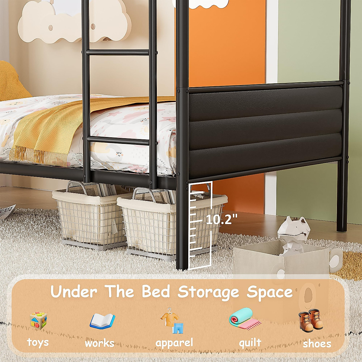 Whalefall Metal Bunk Bed Twin Over Twin, Convertible Into 2 Individual Twin Bunk Beds for Kids Adults, Twin Size Bed with Removable Ladder & Upholstered Headboard, Space-Saving, Easy Assembly(Black)