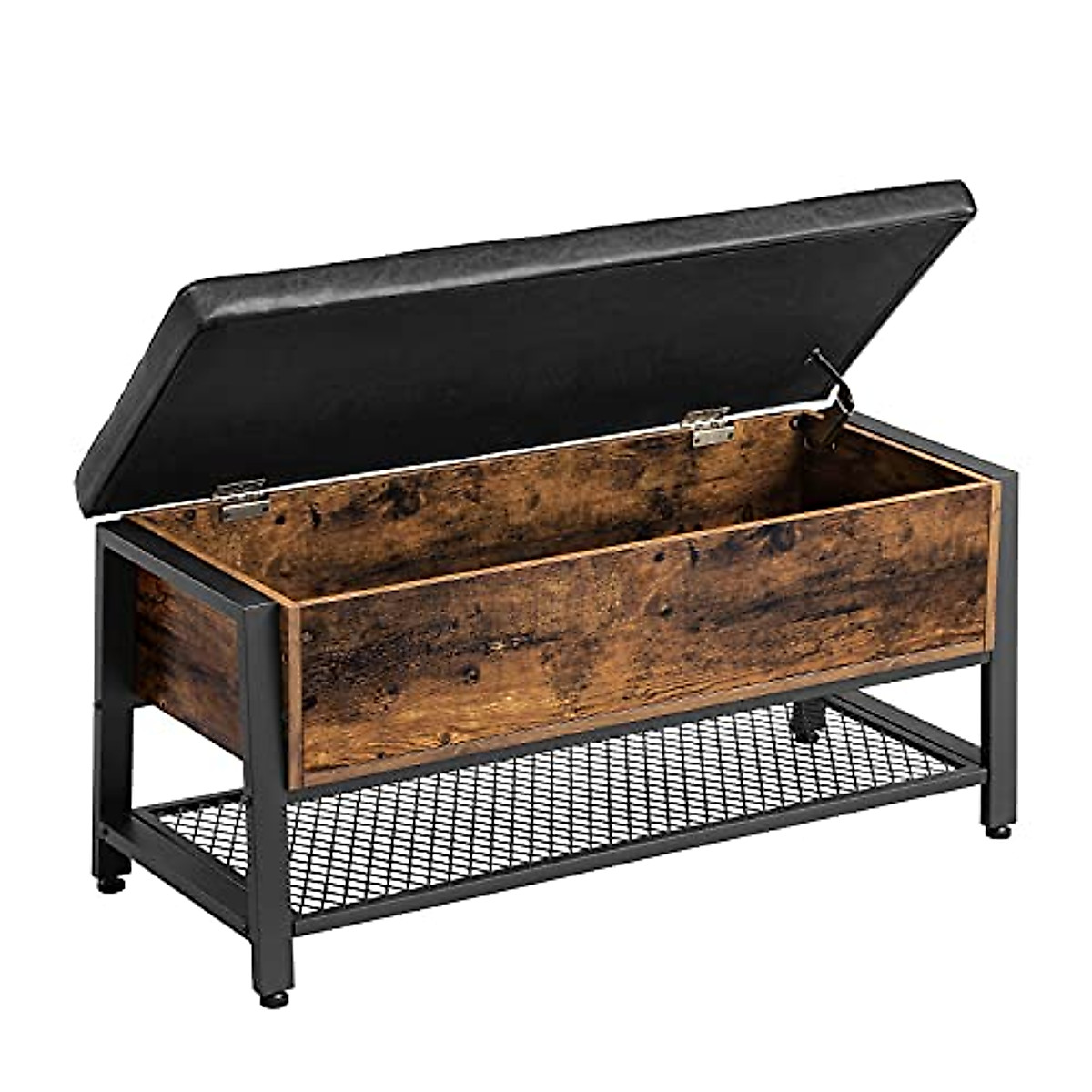 VASAGLE Industrial Storage Bench, Bed End Stool with Padded Seat and Metal Shelf, Sturdy Steel Frame, 39.4”L x 15.7”W x 18.5”H (100 x 40 x 47 cm), Rustic Brown + Black