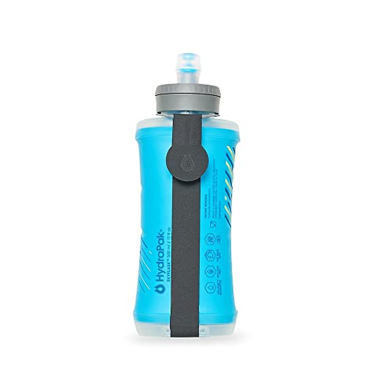 Hydrapak SkyFlask 500ml - Lightweight Collapsible Handheld Running Water Bottle Soft Flask - (500 ml/16 oz) - Adjustable Handstrap, Spill-Proof Cap, Malibu Blue