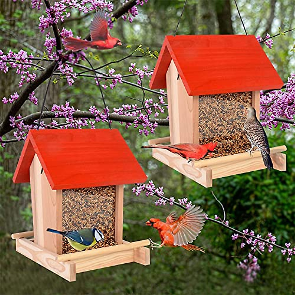 Wooden Bird Feeders for Outdoors Hanging, Hanging Wild Birdfeeder, Large Capacity Weatherproof Window Bird Feeder, Patio Garden Decoration with Drainage Hole (red Pine)