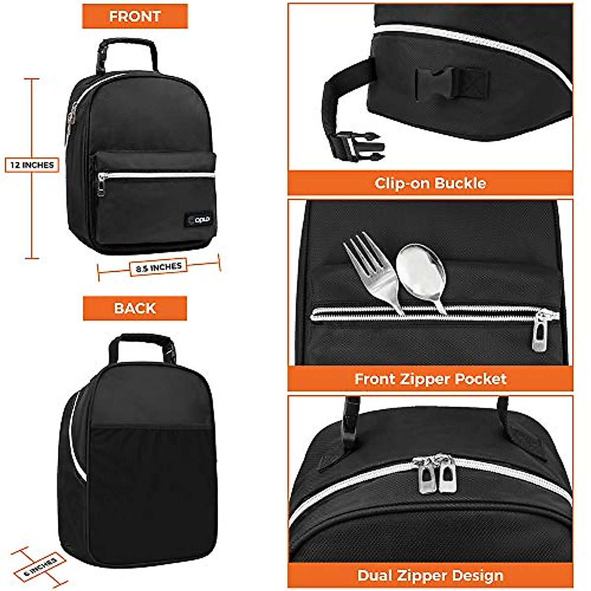 opux Premium Insulated Lunch Box for Boys, Girls | Durable Leakproof School Lunch Bag with Handle Clip, Mesh Pocket | Reusable Work Lunch Pail Cooler for Adult, Men, Women | Fits 14 Soda Cans (Black)