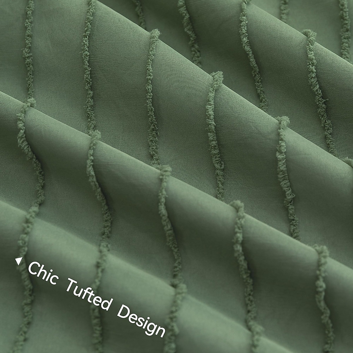 JELLYMONI Green Duvet Cover Queen Size - 3PCS Microfiber Tufted, Boho Striped, Textured Duvet Cover with Corner Ties & Zipper Closure