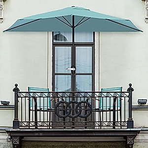 9-Foot Half Patio Umbrella – Easy Crank Semicircle Opening Shade Canopy – For Against a Wall, Porch, or Balcony Furniture by Pure Garden (Blue)