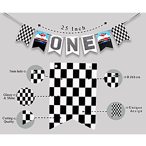 Race Car ONE Highchair Banner 1st Birthday Party Decoration Supplies for Kids Garland Decorations Baby Boy Checkered Pennant Cake Smash Milestone Photo Prop, Multi, 6.5 * 4.5 INCHES Flag