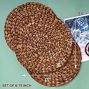 (4 Sizes: 12"-13"-14"-15") BARIEN Brown Woven Placemats Round Set of 6, Natural Water Hyacinth Weave Placemat for Dining Table, Large Handmade Woven Placemats Heat Resistant Non-Slip (13" - Set of 6)