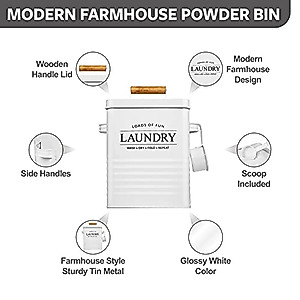 Calindiana Modern Farmhouse Metal Laundry Soap Dispenser Container Holder with Scoop for Laundry Room Decor and Space Saving Laundry Room Organization and Storage, Laundry Powder Container, White