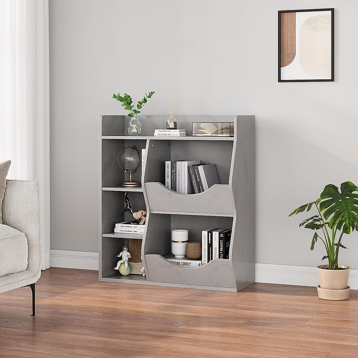 SUNNYFURN Kids 3-Tier Toy Storage Organizer Kids Bookshelf Double Side Toy Shelf Gray- 5 Compartment Bookshelf & Toy Shelf for Kids' Room, Bedroom, Living Room, and Kindergarten - for Toys and Books