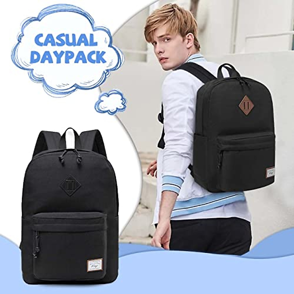 Kasqo Lightweight School Backpack, Large Capacity Water-Resistant Casual College Bookbag for Men Women Teen Girls Boys, Black