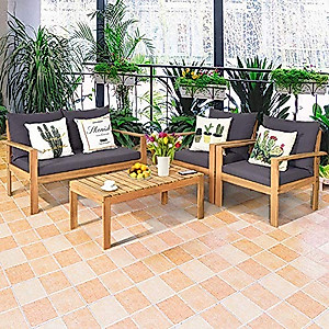 HAPPYGRILL 4-Piece Patio Furniture Set Outdoor Conversation Sofa Table Set with Cushions, Acacia Wood Chairs & Coffee Table Set for Garden Backyard Poolside