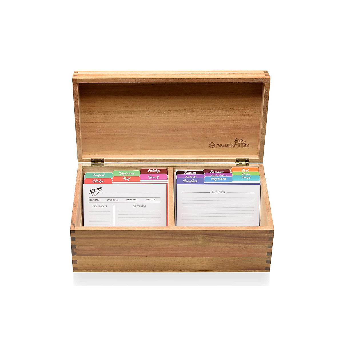 Beautiful Handcrafted Recipe Box of Genuine Acacia Wood - Larger Size Holds 500 4x6 Cards in 2 Rows. Includes 50 Cards, 15 Dividers, Grooved Lid Display. Protected with Mineral Varnish. Ideal Gift