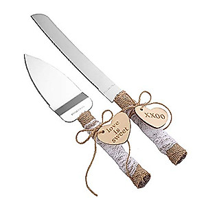 TANG SONG Rustic Style Stainless Steel Wedding Cake Knife and Serving Set Resin Plastic Handle with Twine Heart Love Wood Tag and Burlap Lace Design