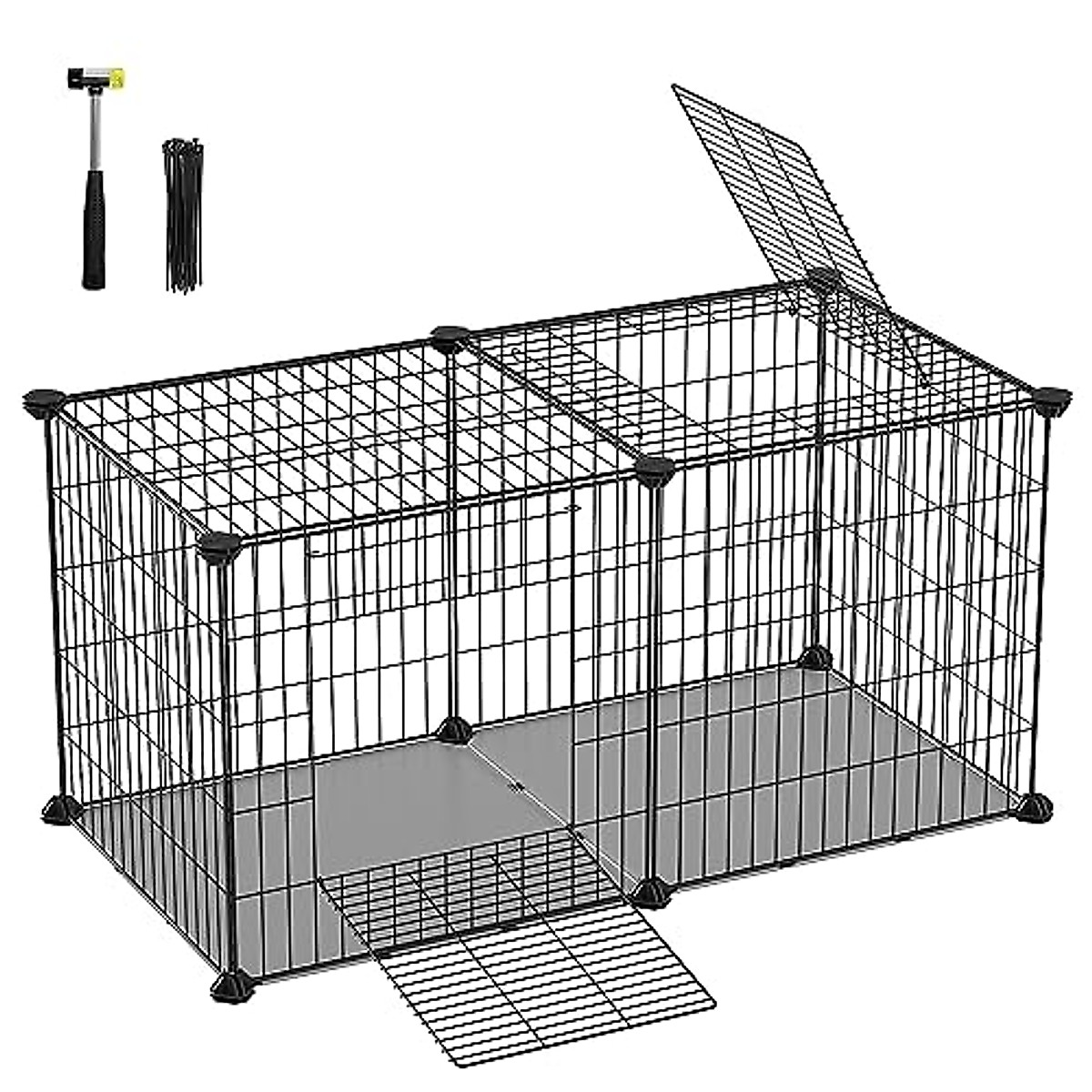 SONGMICS Small Animal Playpen, Pet Cage with Top and Base, 2 Doors, Easy to Clean, Metal Wire Guinea Pig Pen for Hamsters, Hedgehogs, L, 32.5 x 16 x 16 Inches, Black ULPI009B01