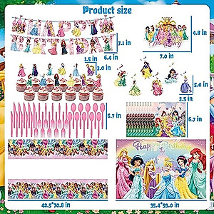 251 Pcs Princess Birthday Decorations, Princess Birthday Party Supplies Include Happy Birthday Banner, Hanging Swirls, Cake Topper, Cupcake Toppers, Backdop, Tablecloth, Balloons, Stickers, Princess Plates, Napkins, Knife, Fork and Spoon for Princess Birt