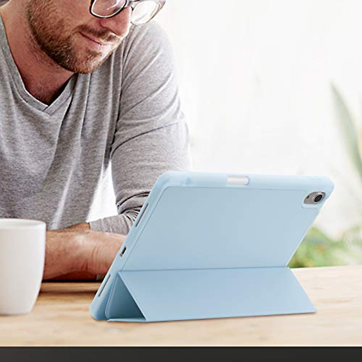 SIWENGDE for iPad Air 5th/4th Generation 2022/2020 10.9 Inch Case with Pencil Holder [Support iPad 2nd Pencil Charging and Touch ID], Trifold Stand Smart Cover with Soft TPU Back(Light Blue)