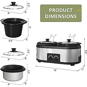Sunvivi 2 in 1 Slow Cooker and Rice Cooker, Slow Cooker with 1.5 QT Ceramic Pot & 3 Temps, Rice Cooker with 3- Cup Non-Stick Aluminum Pot & Indicator Lights, Dual Control Knob, Stainless Steel