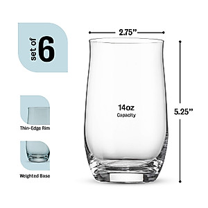 BENETI Exquisite Highball Drinking Glasses [Set of 6] Curved Clear Water Glasses with Heavy Weighted Base, Tall Cocktail Glasses, Beer Glasses, Tumbler Glasses, Glass Cups for Fresh Juice (14 Ounces)
