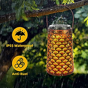 MZD8391 2 Pack Solar Lantern Lights Outdoor, Decorative Waterproof Garden Hanging Lights Metal LED Retro Lamp for Patio, Backyard, Deck, Garden, Porch, Pathway, Courtyard Balcony (Amber + White)