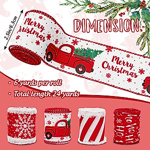 AnyDesign 24 Yards Christmas Wired Edge Ribbon Red White Xmas Snowflake Truck Fabric Craft Ribbon for Wreath Bow Making Gift Wrapping, 4 Roll