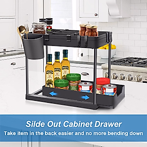2 Tier Under Sink Organizers and Storage, 2 Pack Taller Sturdy Under Cabinet Organizer with Sliding Out Drawers Basket, Hooks, Cups, Bathroom Under Sink Cabinet Organizer Kitchen Organizer and Storage