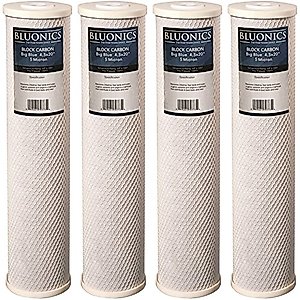 BLUONICS 4-pack Carbon Block Water Replacement Filters (5 Micron) 4.5" x 20" Cartridges for Chlorine, Herbicides, Insecticides, Bad Taste and Odor