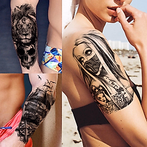 Bilizar 63 Sheets Tribal Wolf Lion Tiger Temporary Tattoos For Men Women Adults, Scary Halloween Skull Gangster Fake Tattoo Stickers Kids, Small 3D Realistic Tattoos Thigh Arm Neck Elephant Warrior