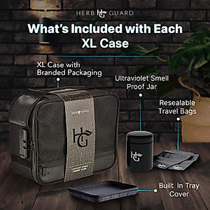 Herb Guard XL Smell Proof Bag & Stash Box with Combo Lock (Case Holds Up to 5 Ounces) - Includes YKK Zippers, 250ml / Half oz Smell Proof Jar, Built in Tray & Travel Bags (Black)
